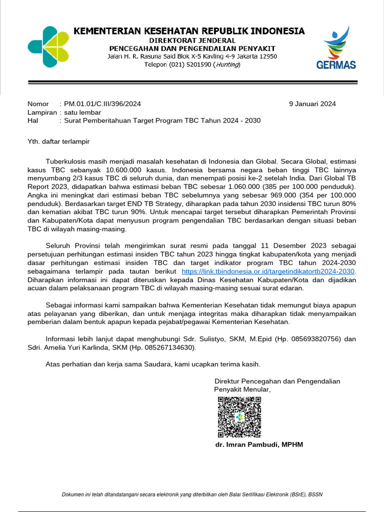 Surat Pemberitahuan Target Program TBC Tahun 2024 - 2030 | PDF