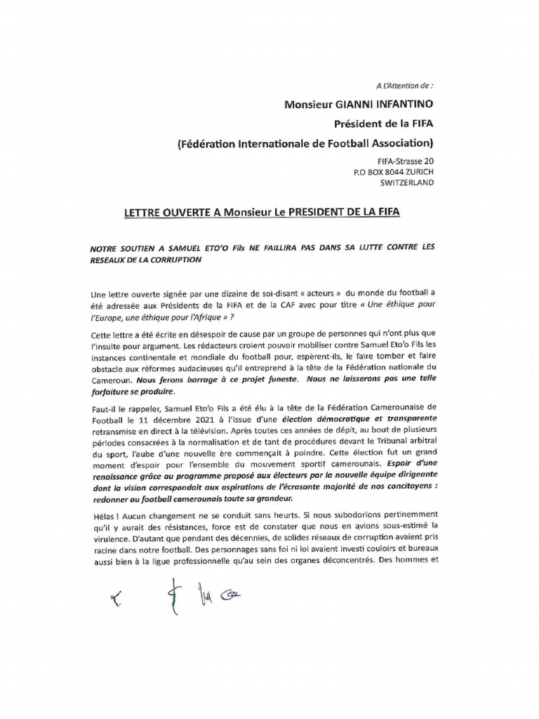 Lettre Ouverte Au PDT de La Fifa | PDF