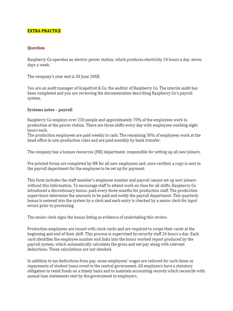 Internal Control and Audit Risk Extra Practice - Session 8 | PDF | Payroll | Audit