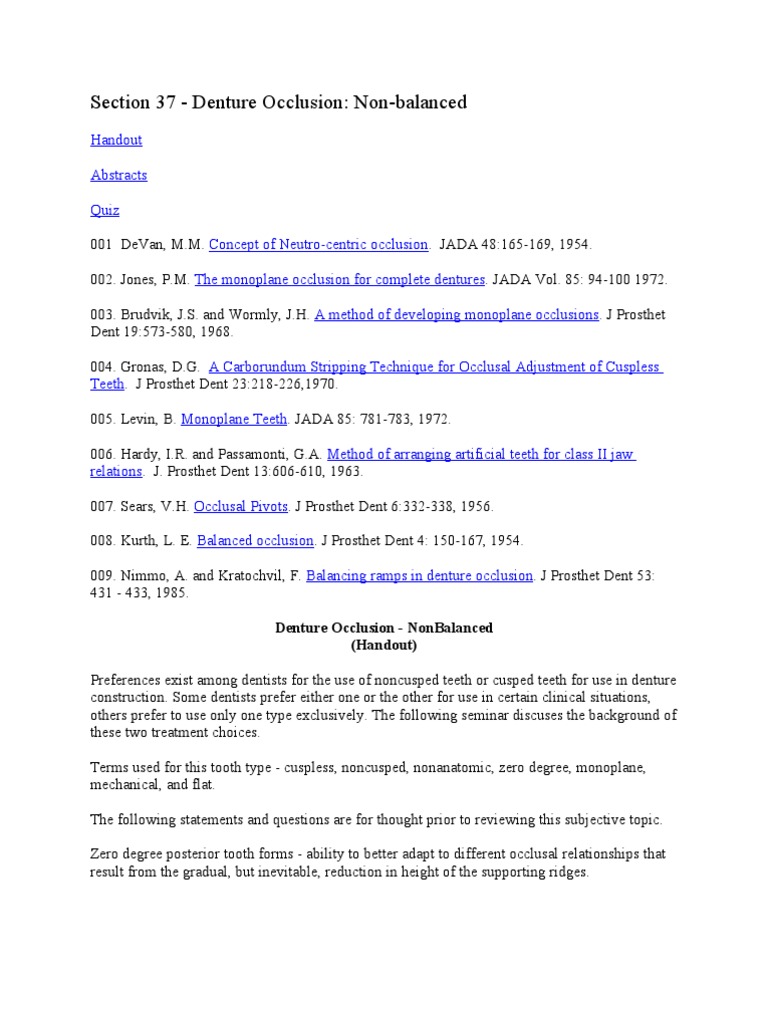 Monoplane Occlusion in Complete Dentures | PDF | Dentures | Tooth