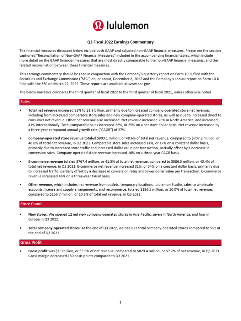 Lululemon Q3-2022-earnings-Commentary | PDF | Revenue | Expense