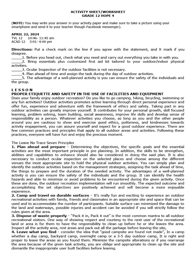 Activity Sheet Grade 12 Hope 4 MDL 4 22 24 | PDF | Camping | Safety