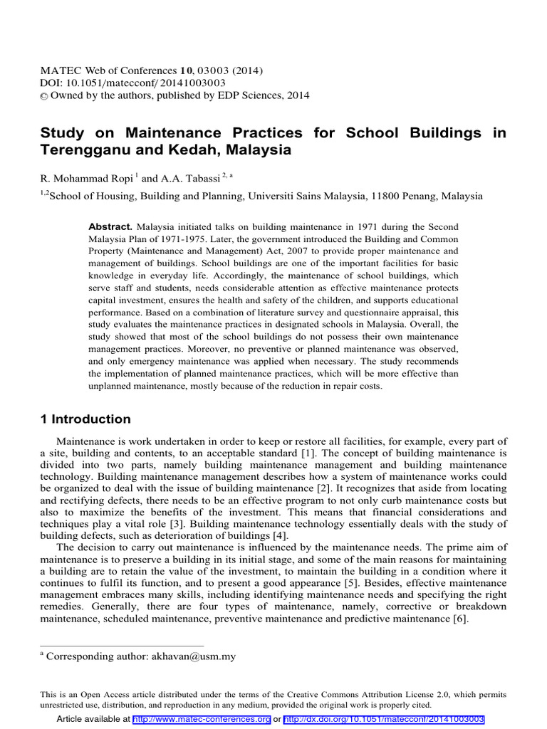 Study On Maintenance Practices For School Buildings in Terengganu and ...