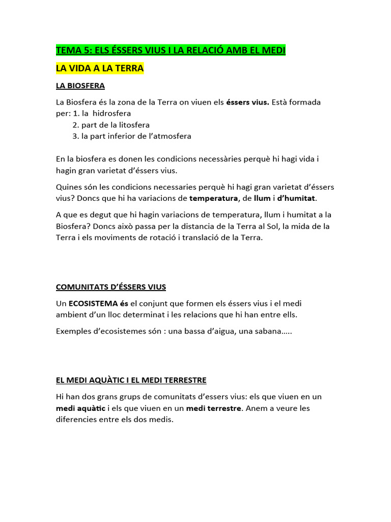 Tema 5 Els Essers Vius I La Seva Relació Amb El Medi | PDF