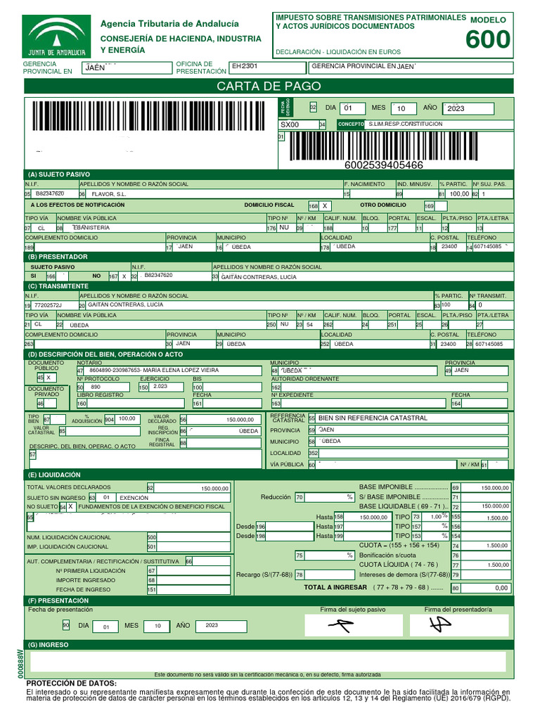 Modelo 600 Junta de Andalucia Granada | PDF | Finanzas del gobierno | Pagos