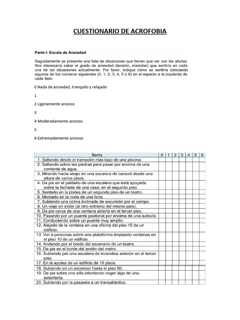 Cuestionario de Acrofobia | PDF