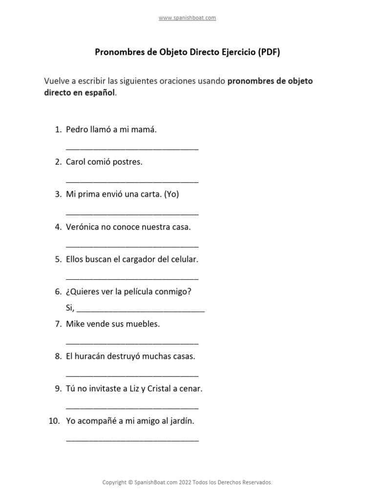 Pronombres de Objeto Directo Ejercicio | PDF