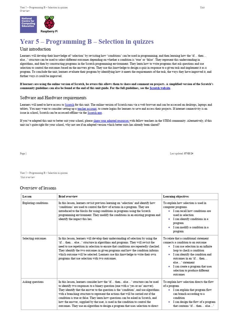 Unit Overview - Selection in Quizzes - Y5 | PDF | Control Flow | Learning