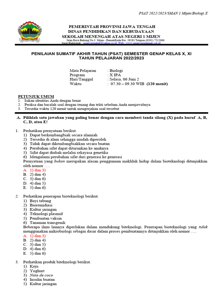 Soal Pas Bio X Mipa 2022-2023 | PDF | Kesehatan Holistik | Sains & Matematika