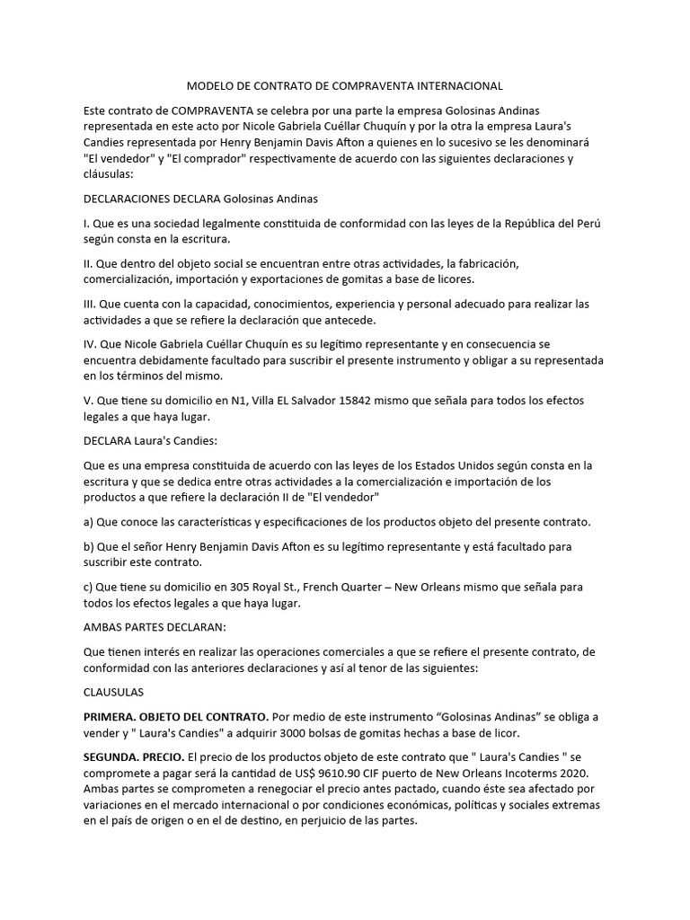 Modelo de Contrato de Compraventa Internacional | PDF | Pagos | Derecho empresarial