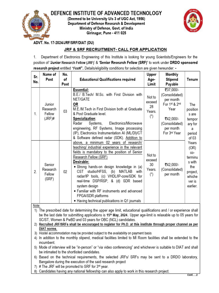 DIAT Pune JRF SRF Recruitment 2024 | PDF