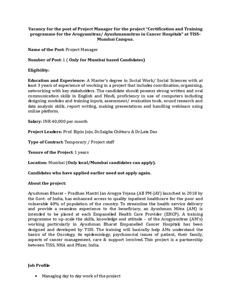 Project Manager Vacancy at TISS Mumbai | PDF | Health Care | Social ...