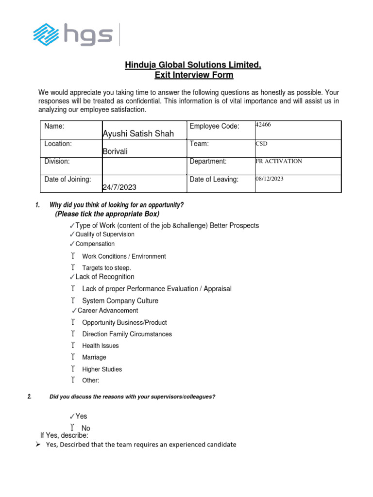 HGS Exit Interview | PDF | Job Satisfaction | Industrial And ...