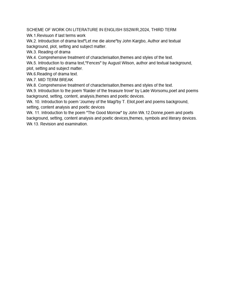 SS2 Literature Scheme of Work 2024 | PDF | Art | Classics