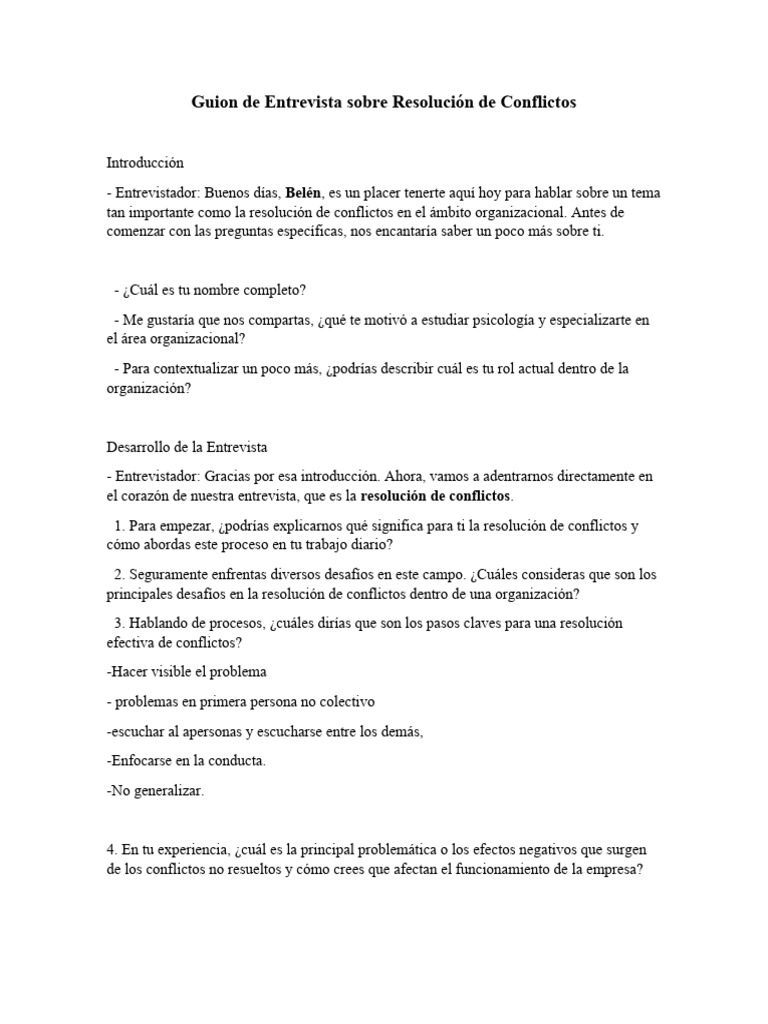 Guion de Entrevista - Resolución de Conflictos | PDF