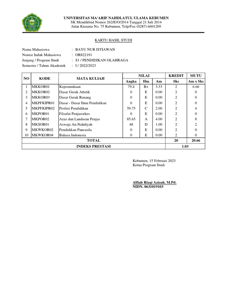 Kartu Hasil Studi Bayu Nur Istiawan | PDF