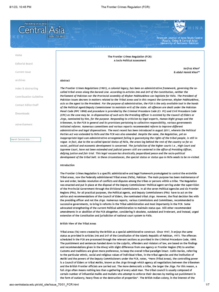 The Frontier Crimes Regulation (FCR) | PDF | Federally Administered Tribal Areas | Public Law