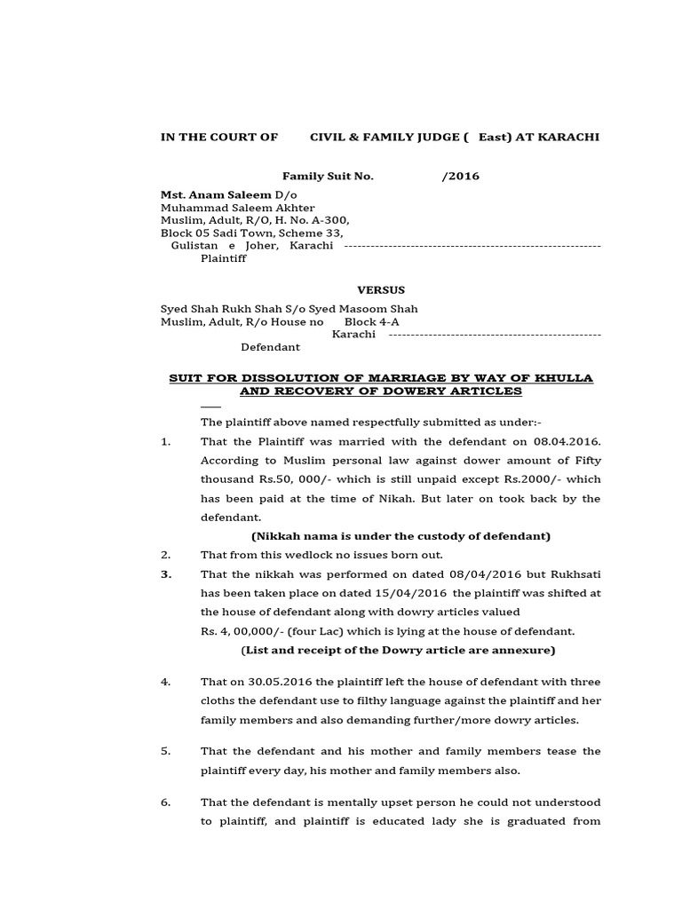 Anam Saleem Suit For Dowry Articles Khula | PDF | Affidavit | Lawsuit