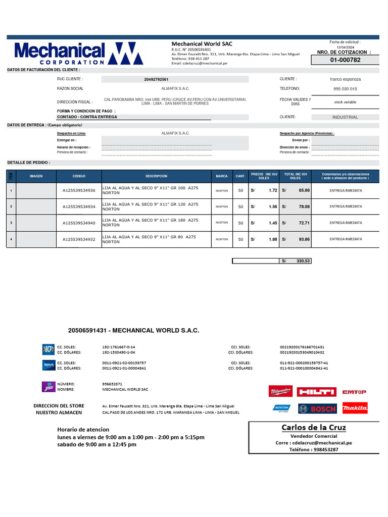Cotización de Lijas Norton en Lima | PDF