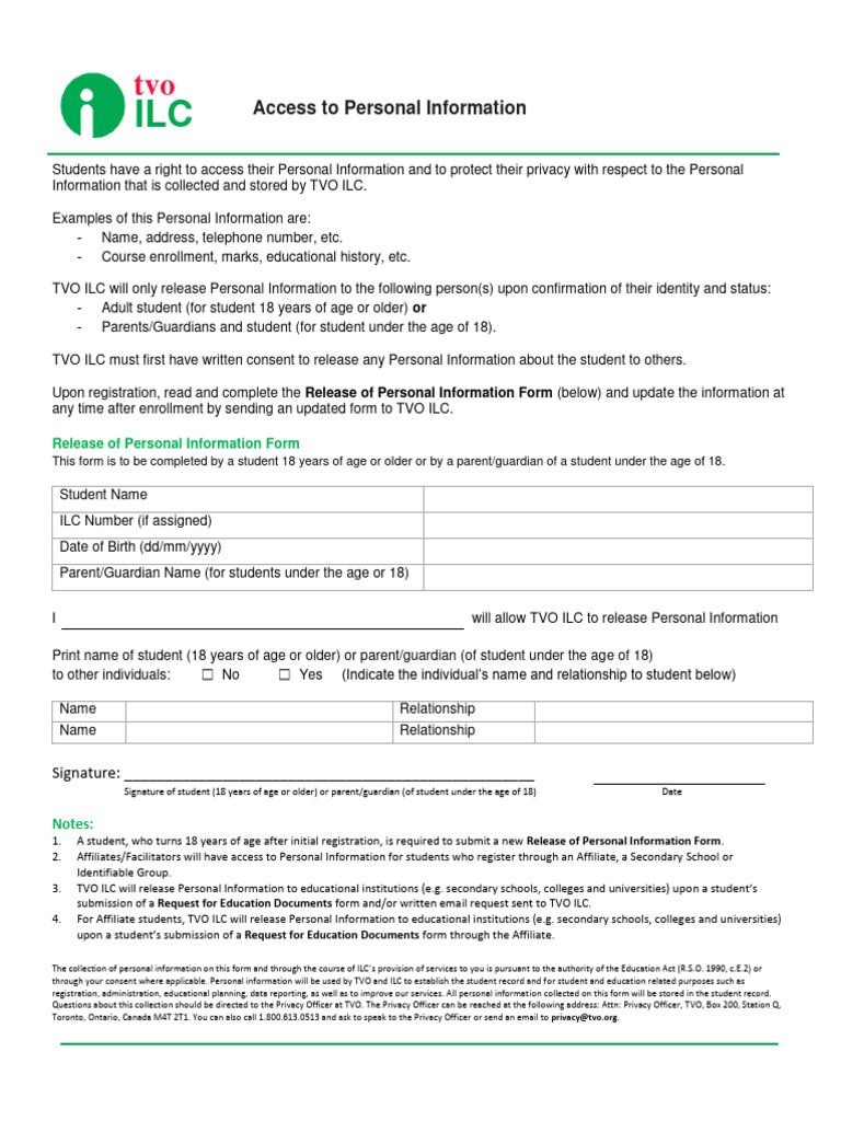 Ilsc High School Tvo Ilc Student Release of Information Form | PDF ...