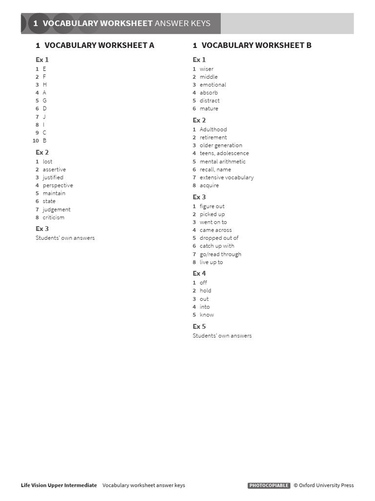 Life Vision Upper Int Vocab Worksheets U1 AK | PDF | Family | Human Life Stages