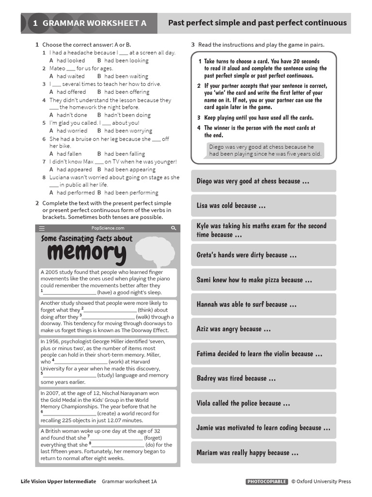 Life Vision Upper Int Gram Worksheet A U1 | PDF | Memory | Linguistics