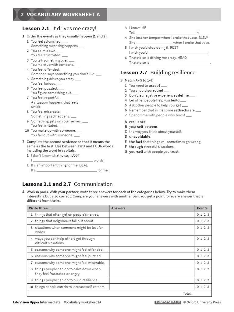 Life Vision Upper Int Vocab Worksheet A U2 | PDF