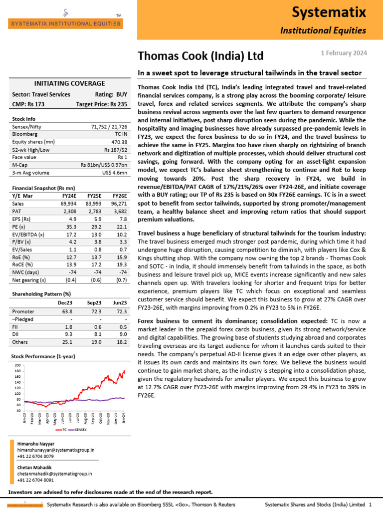 Systematix Thomas Cook India Initiating Coverage Note | PDF | Foreign ...