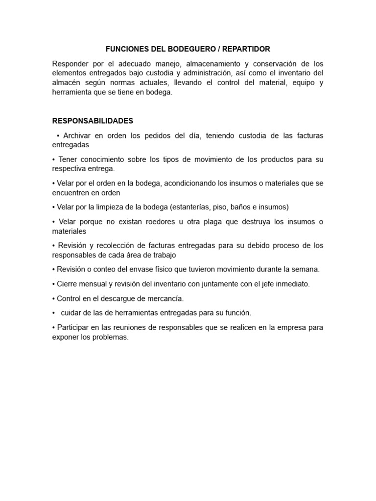 Funciones y Responsabilidades del Bodeguero | PDF | Finanzas y dinero