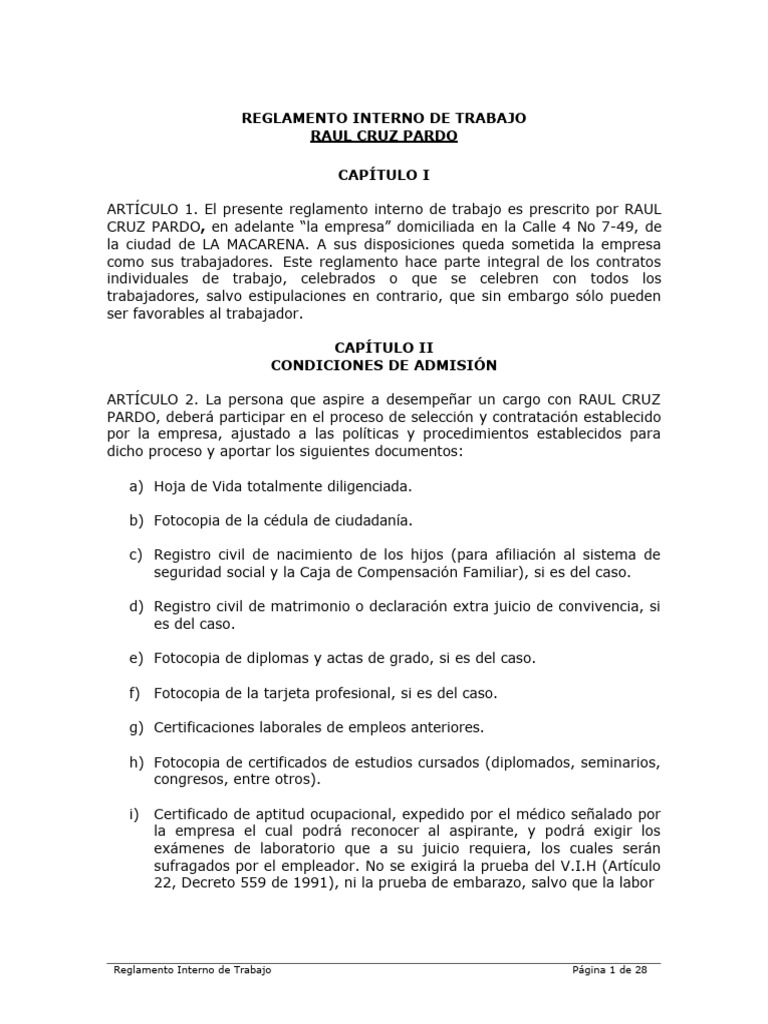 Reglamento Interno de Trabajo RAUL CRUZ PARDO | PDF | Derecho laboral ...