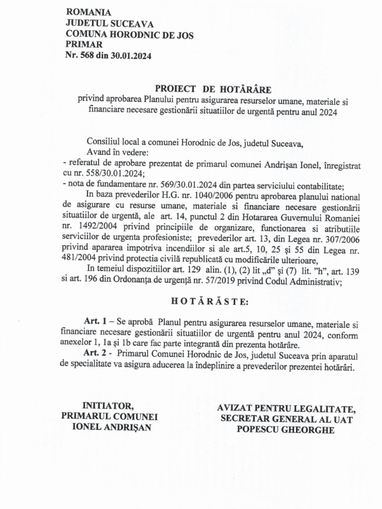 Proiect de Hotarare Privind Aprobarea Planului Pentru Asigurarea Resurselor Necesare Gestionarii ...