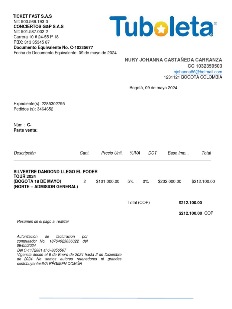 Ticket Fast Sas - Factura Electronica Nury Johanna Castañeda | PDF