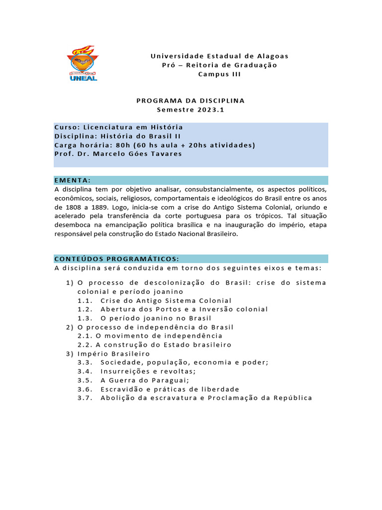 Brasil Ii - Programa Da Disciplina 2023-1-1 | PDF | Brasil | Escravidão