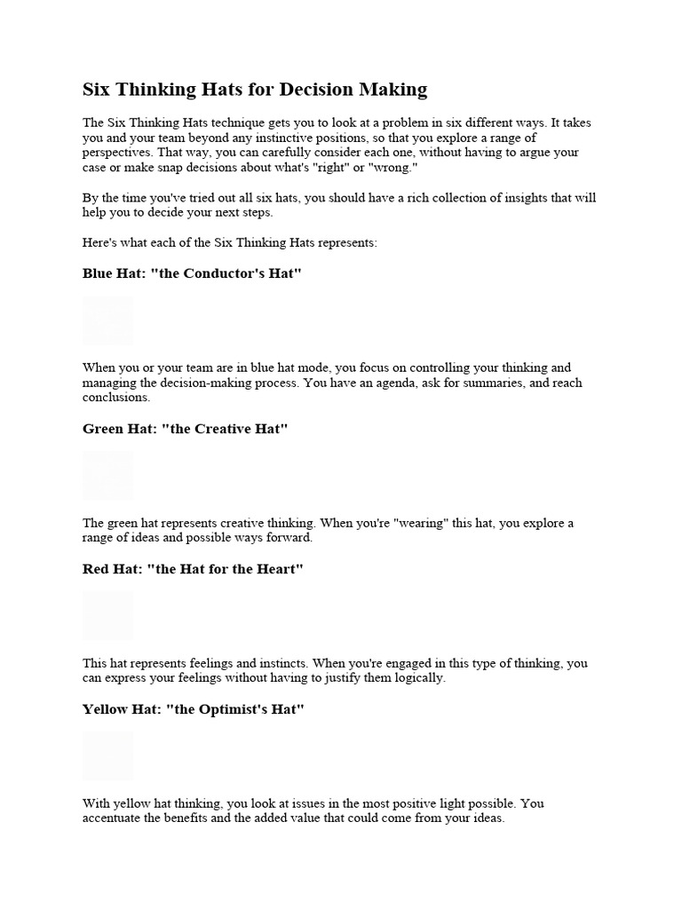 Six Thinking Hats For Decision Making | PDF