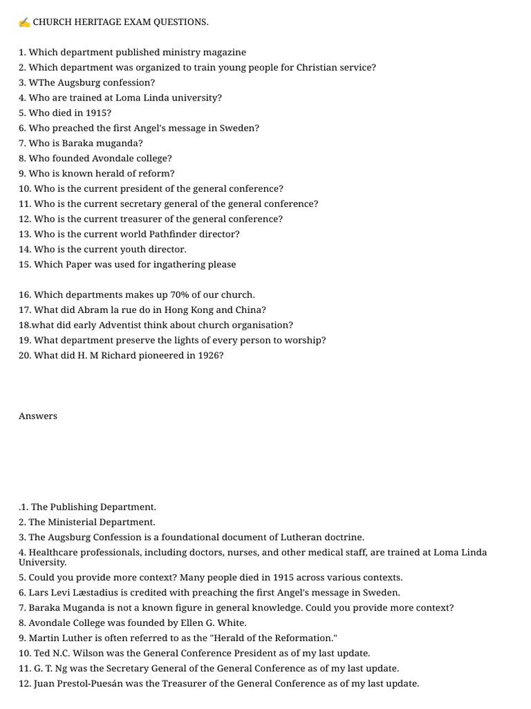 Church Heritage Question and Answers To PDF by PMG B Makondo | PDF ...