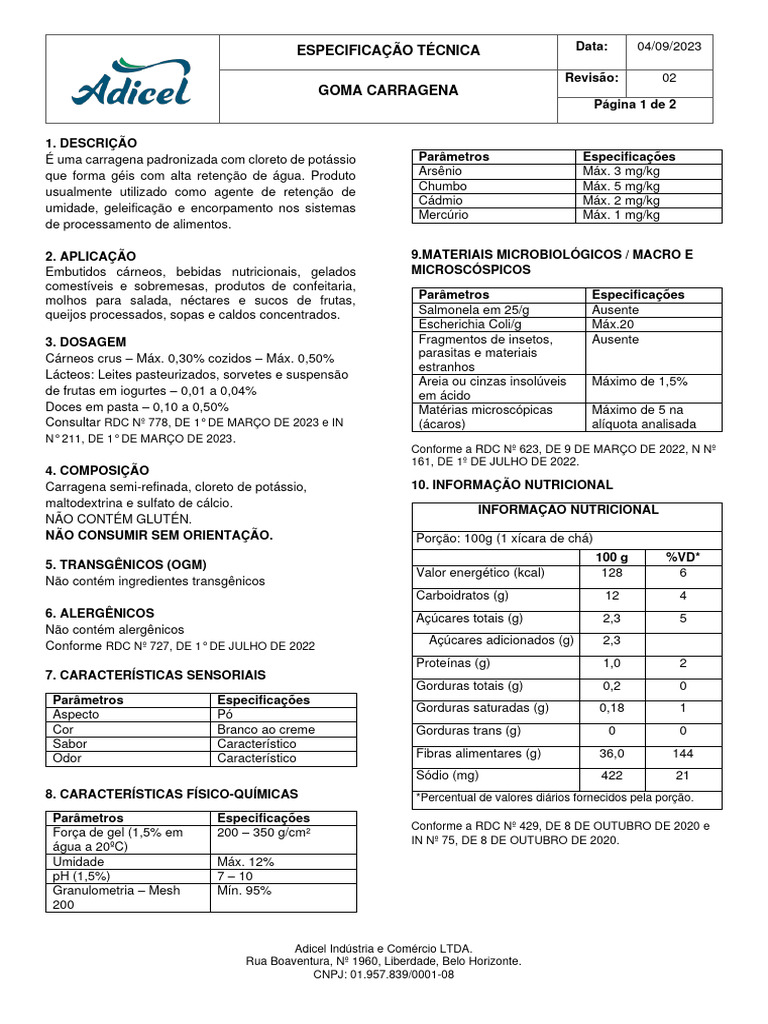 Especificação Técnica da Goma Carragena | PDF | Química
