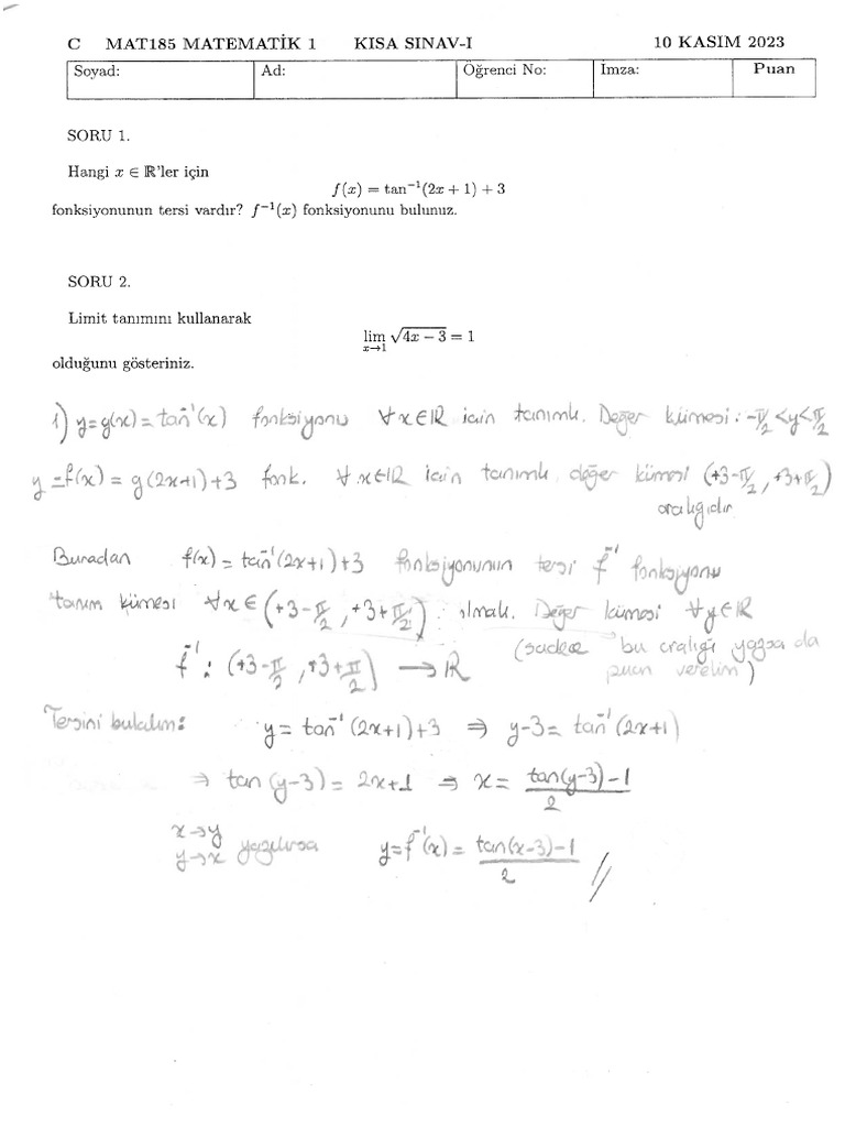 MAT185 Kısa Sinav I C Ilan | PDF