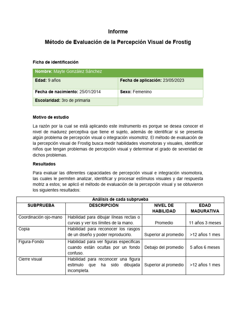 Informe de FROSTIG | PDF | Percepción | Procesos mentales