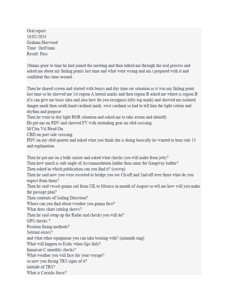 OOW (Unlimited) Orals Report - 2024-02 - Harwood - Pass | PDF ...