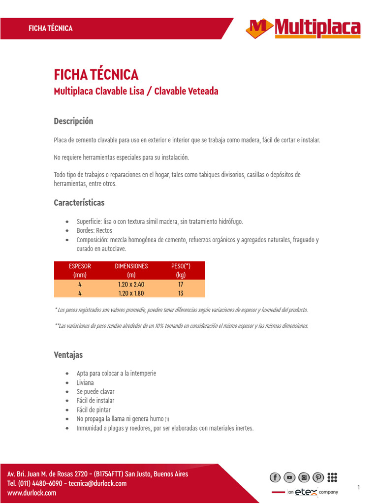 Ficha Tecnica Multiplaca 4mm | Descargar gratis PDF | Cemento ...