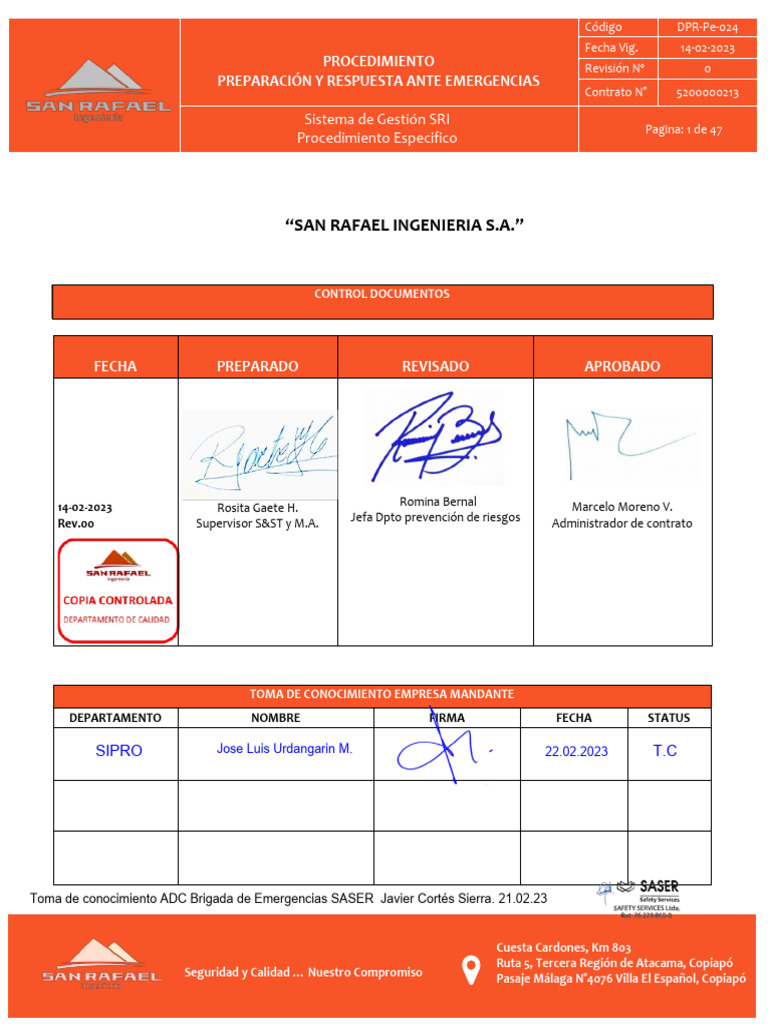 DPR-Pe-024 PTS PREPARACIÓN Y RESPUESTA ANTE EMERGENCIA REV.00 22022023 | PDF | Riesgo | Incendios