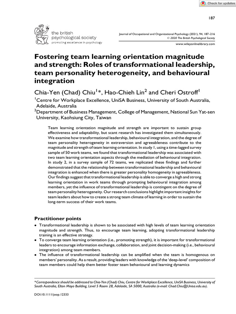 J Occupat Organ Psyc - 2020 - Chiu - Fostering Team Learning Orientation Magnitude and Strength ...