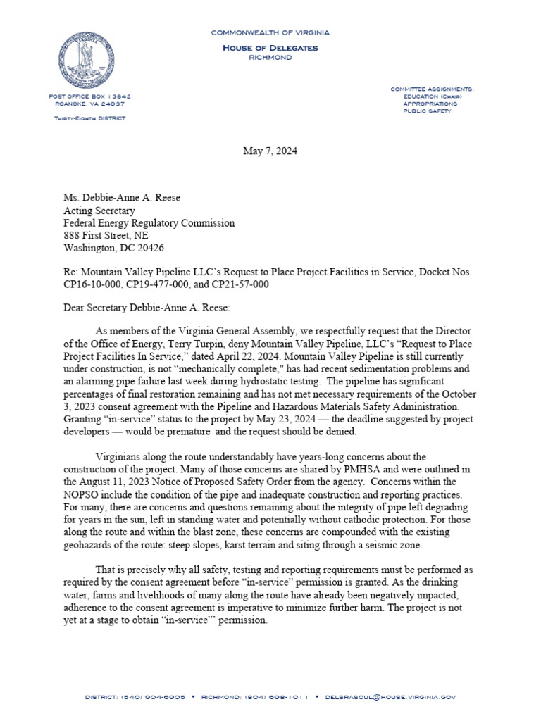 Va. Legislators Letter Against in Service Request | PDF | Virginia