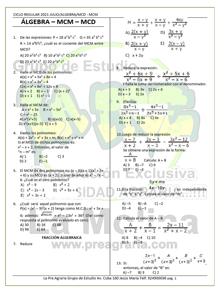Algebra MCD - MCM | Descargar gratis PDF | Matemática Elemental ...