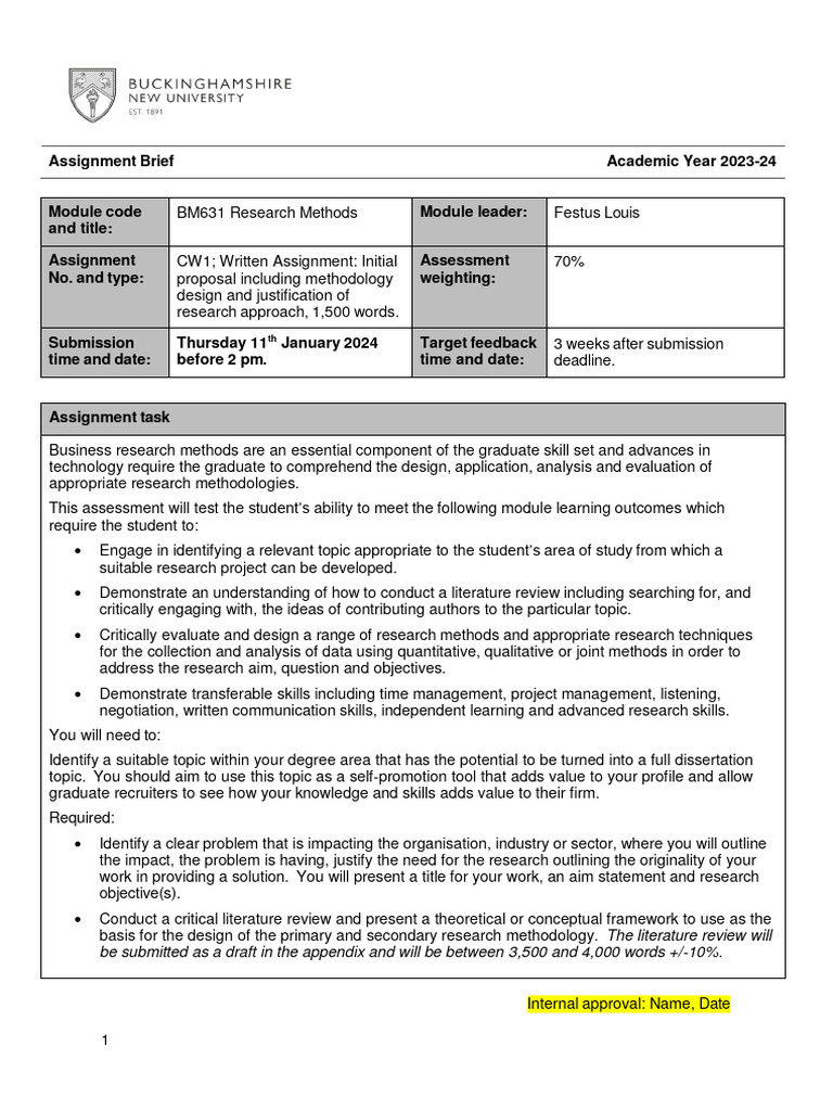 BM631 CW1 Assignment Brief 2023-24 | PDF | Methodology | Qualitative Research