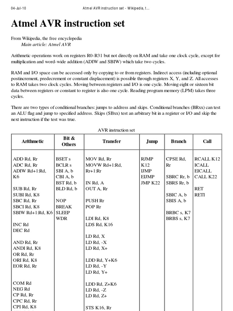 Atmel Avr Instruction Set Wikipedia The Free Encyclopedia