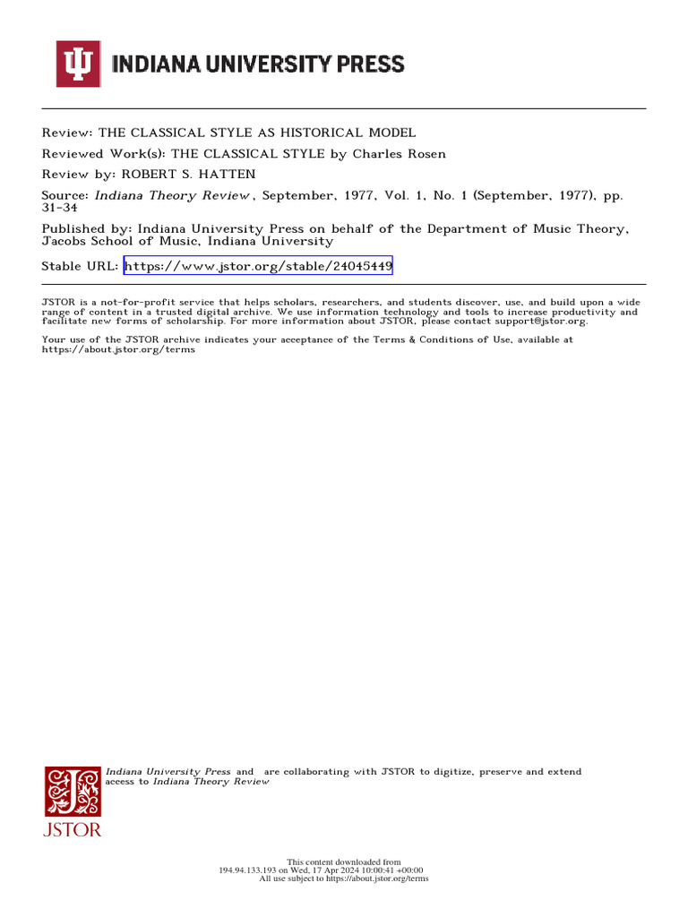 Hatten, Classical Style Rez. Rosen 1977 | PDF | Classical Period (Music ...