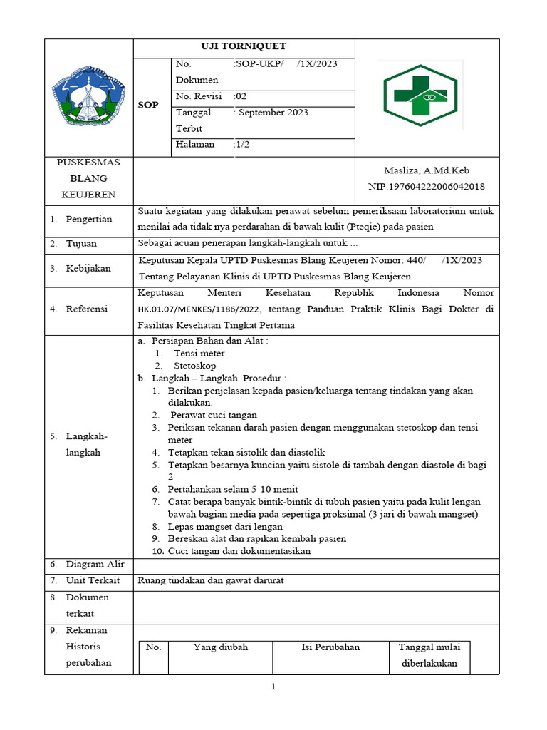 Prosedur Uji Torniquet Puskesmas 2023 | PDF