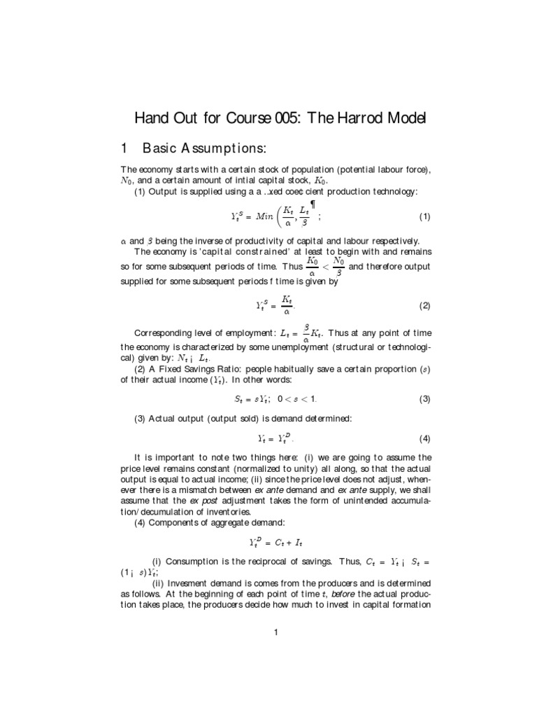 Hand Out For Course 005: The Harrod Model: 1 Basic Assumptions | PDF ...