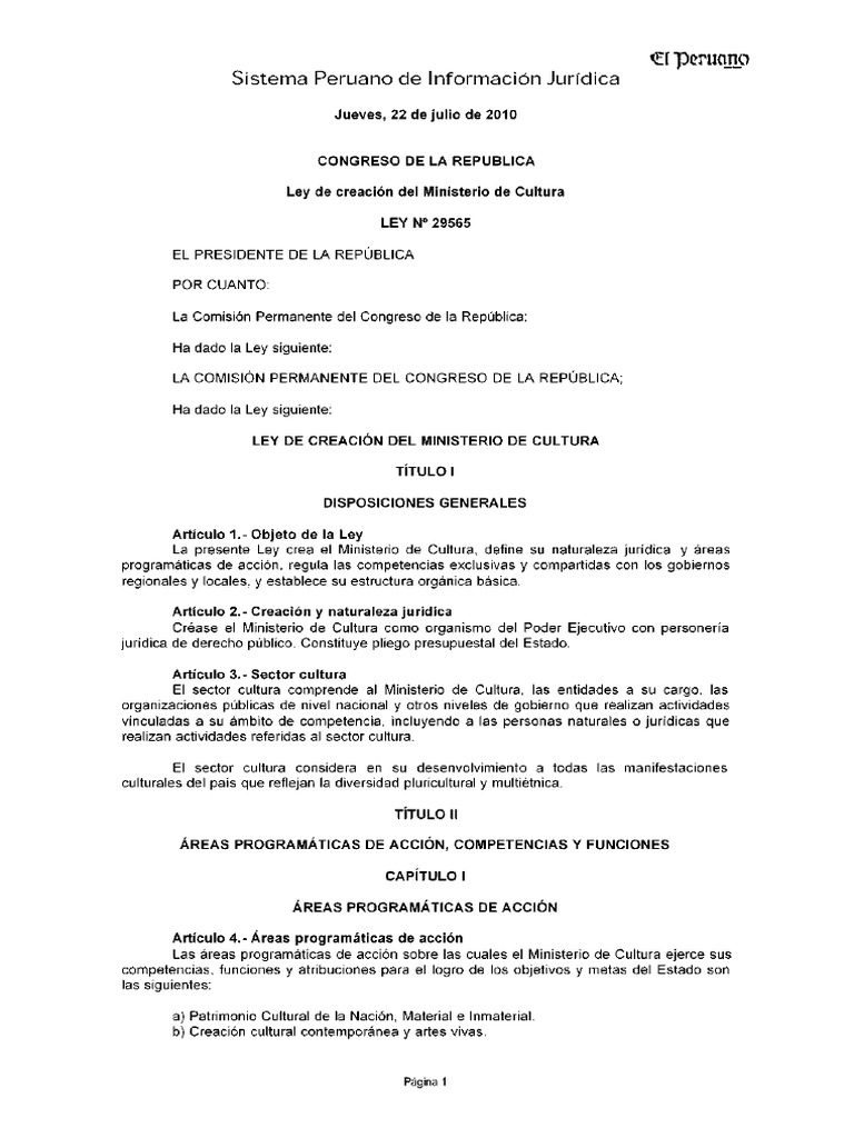 Ley #29565 - Ley de Creación Del Ministerio de Cultura | PDF | Perú ...